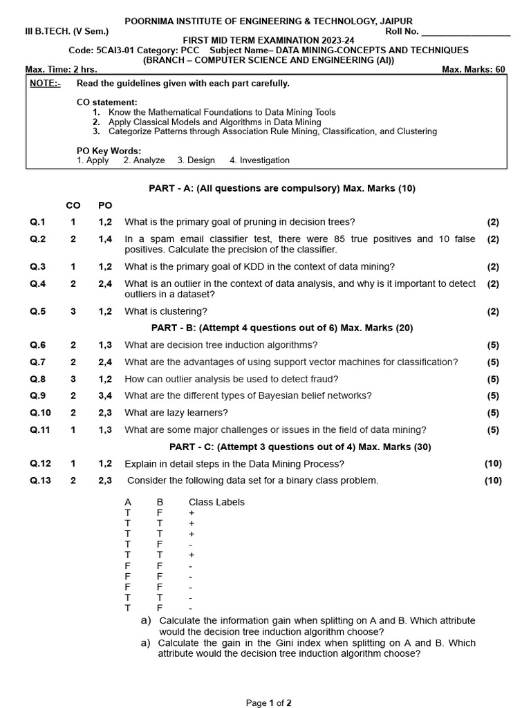 Data Mining Exam for CS Students | PDF | Statistical Classification | Artificial Intelligence