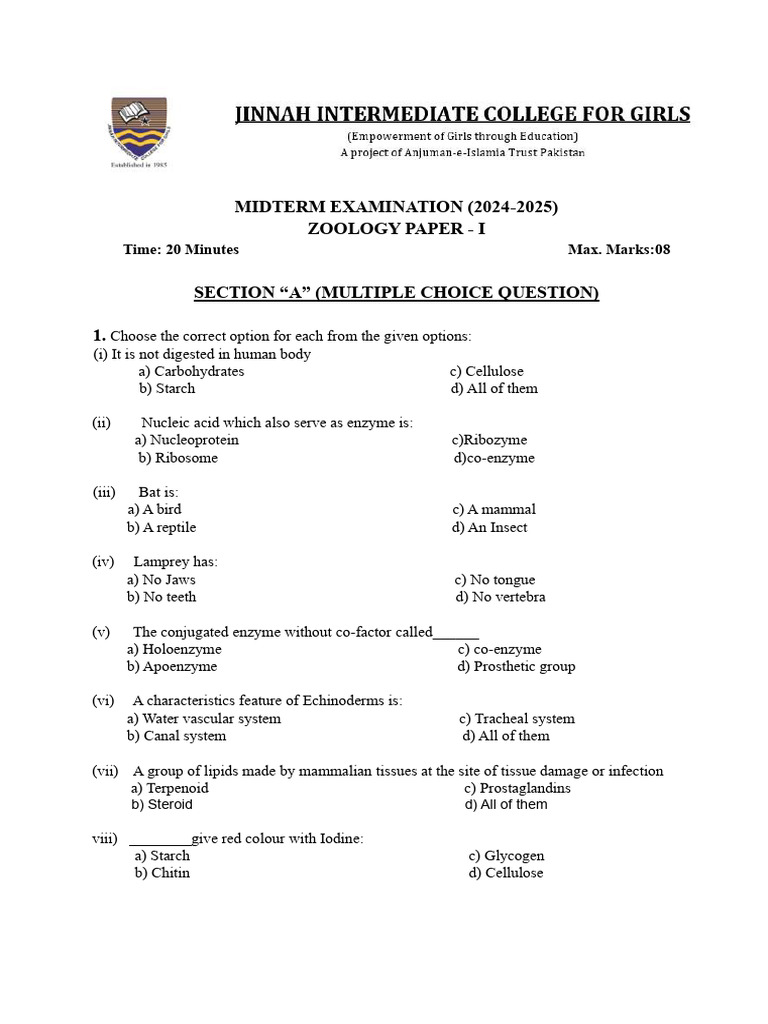 Zology p1 Obj MCQ Midterm 2025 | PDF | Enzyme | Cofactor (Biochemistry)