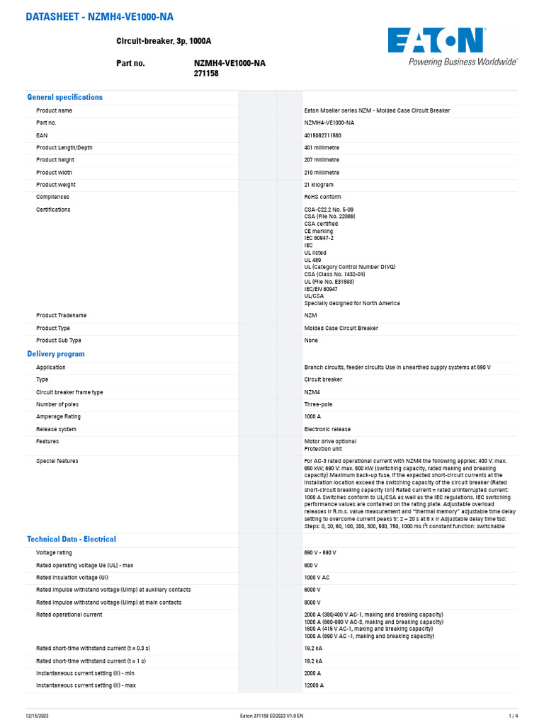 Eaton 271158 NZMH4 VE1000 NA en - GB | PDF | Fuse (Electrical ...