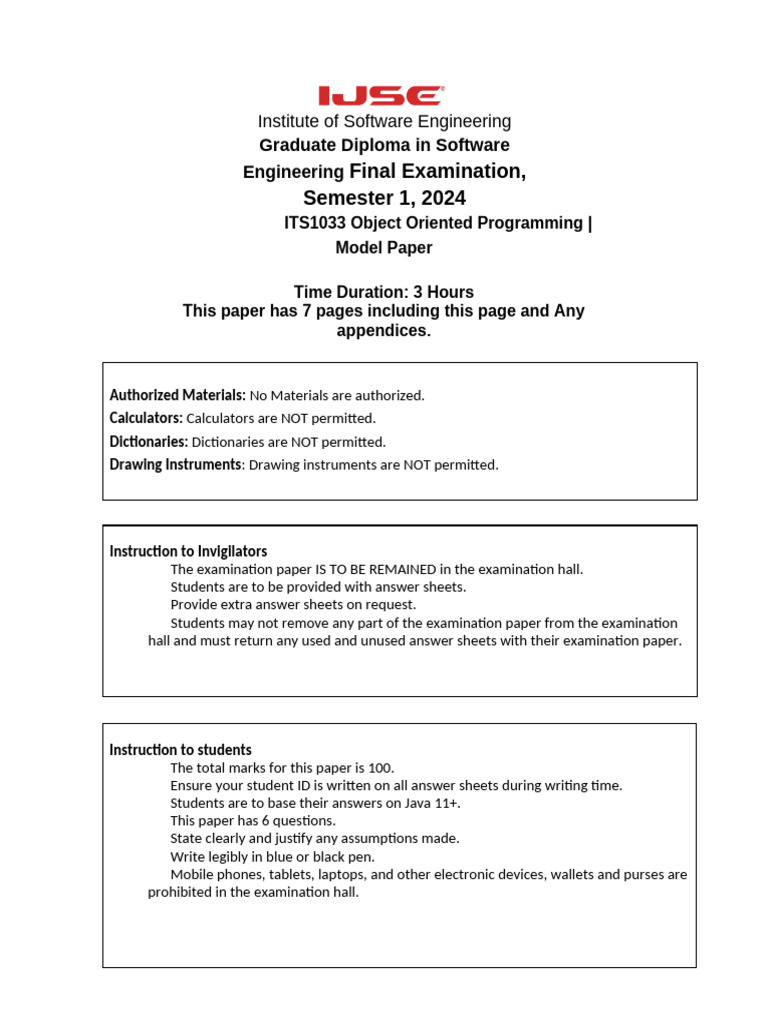 OOP Final Model Paper 1st Sem | PDF | Computer Engineering | Computer Science