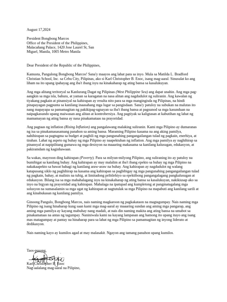 Letter For The President | PDF