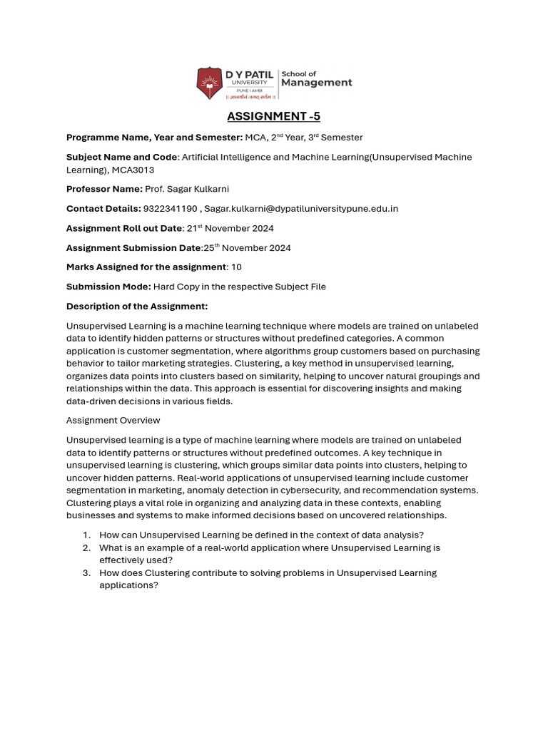 Assignment 5 Artificial Intelligence & Machine Learning (MCAGC 3013) | PDF