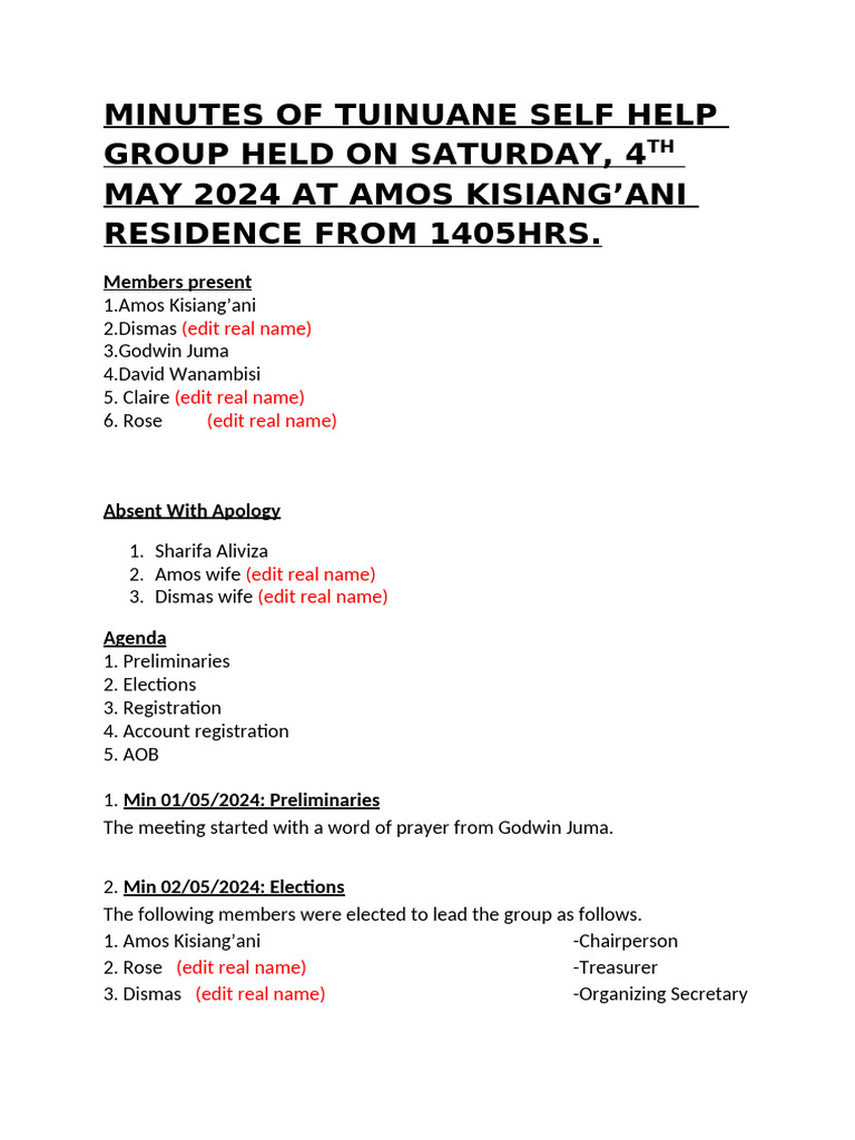 MINUTES OF TUINUANE SELF HELP GROUP - Registration | PDF | Law