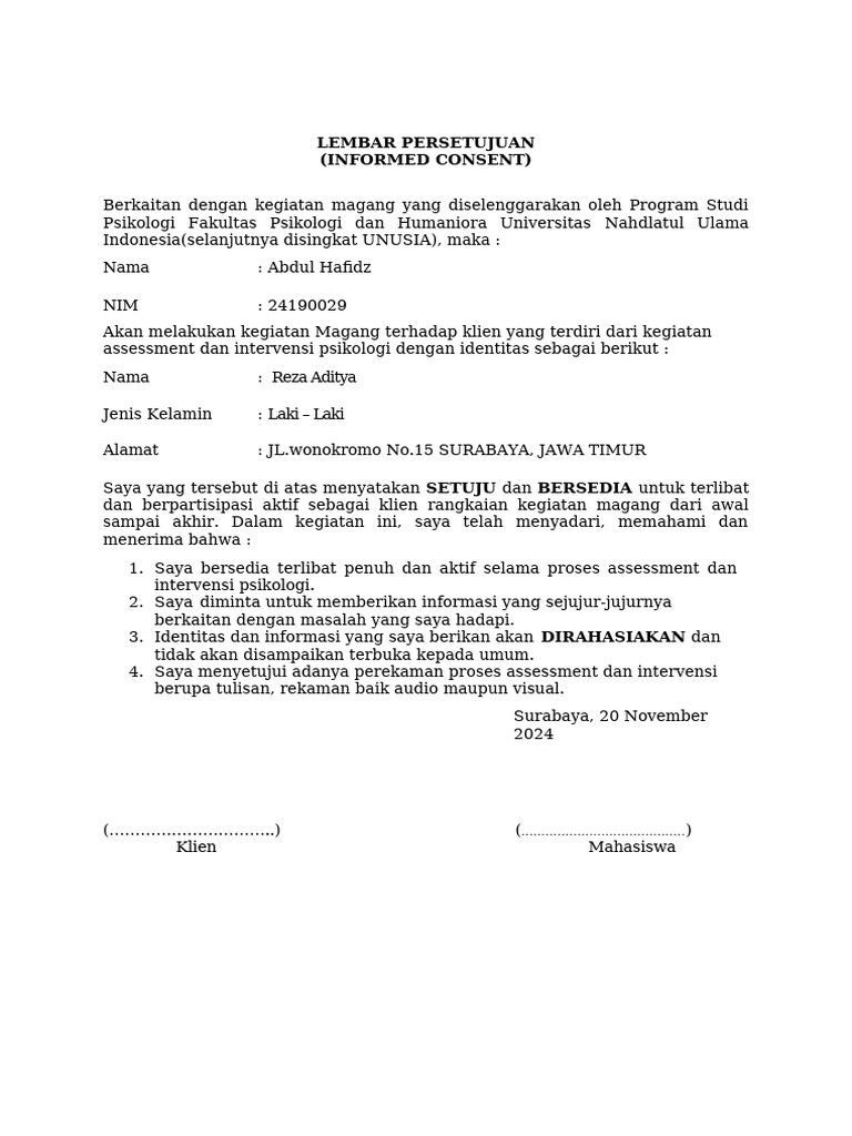 Contoh Informed Consent Psikologi | PDF