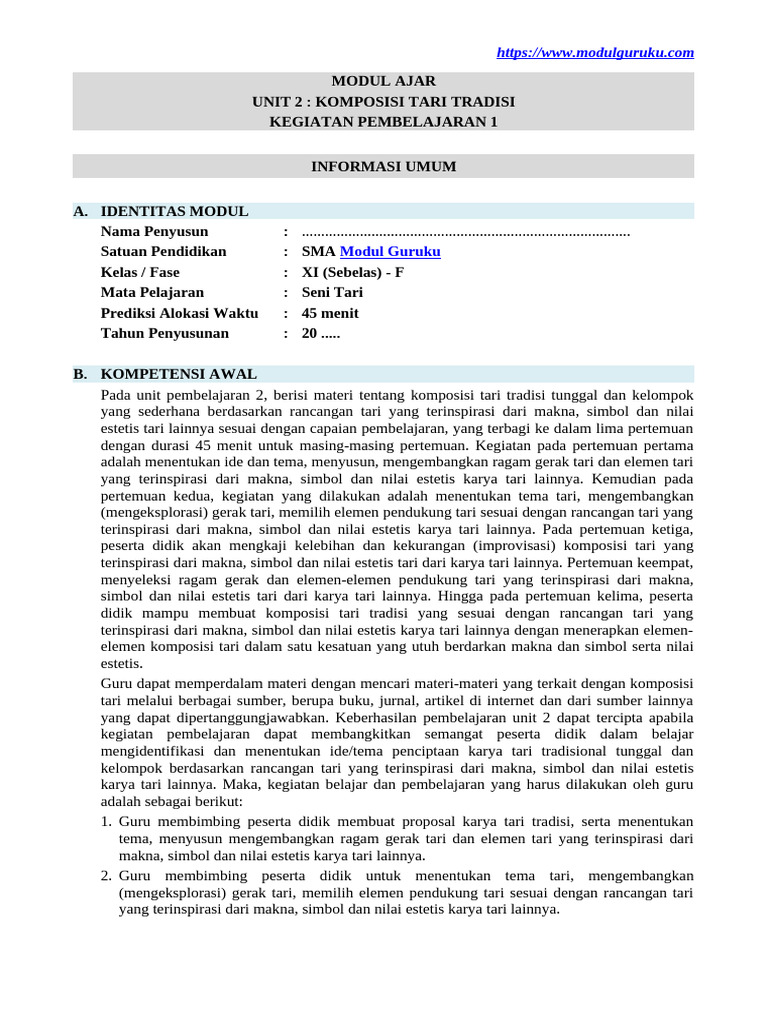 Modul Ajar Kelas XI SMA Seni Tari Fase F Unit 2 | PDF | Karier & Perkembangan