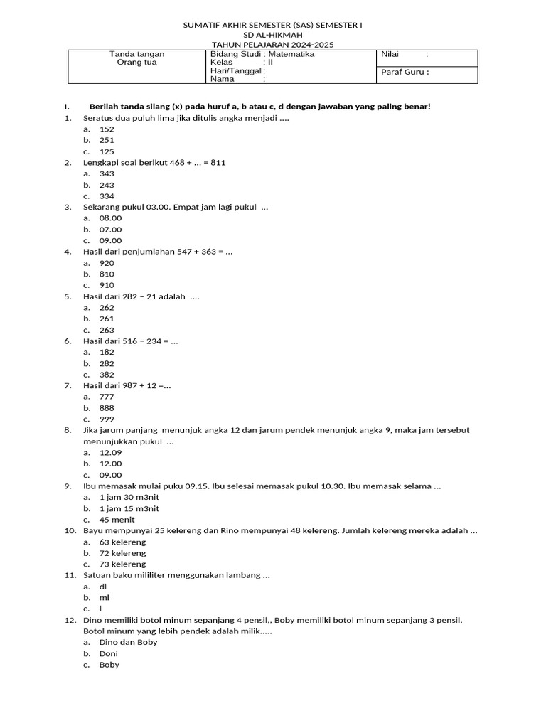SUMATIF AKHIR SEMESTER Matematika Kelas 2 SD | PDF