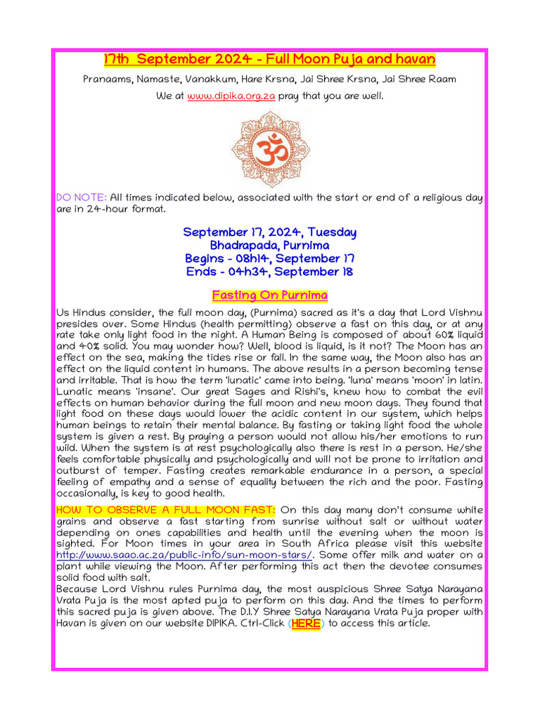 17th September 2024 Bhadrapada Full Moon Puja and Havan | PDF | Devi | Indian Religions