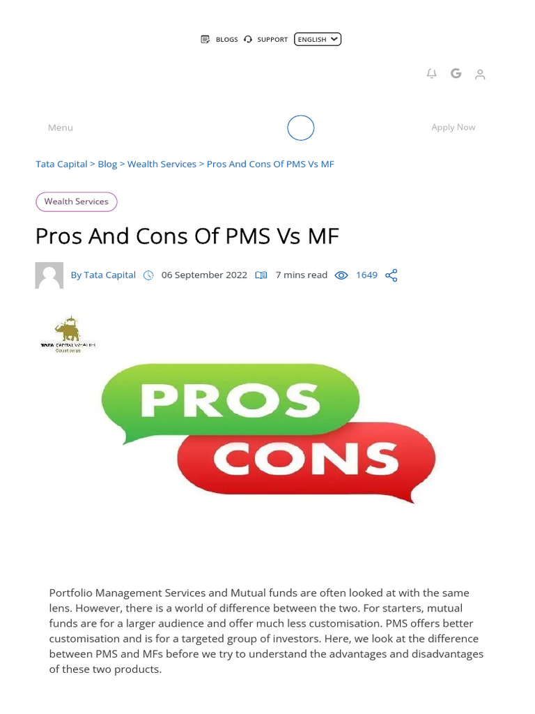Pros and Cons of PMS Vs MF - Tata Capital | PDF | Mutual Funds | Investing