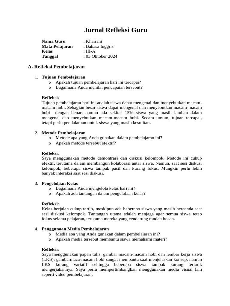Contoh Jurnal Refleksi Guru | PDF | Karier & Perkembangan