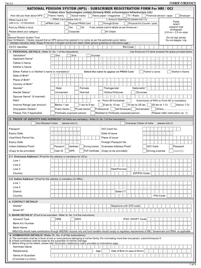 NPS Subscriber Registration Form for NRIs | PDF