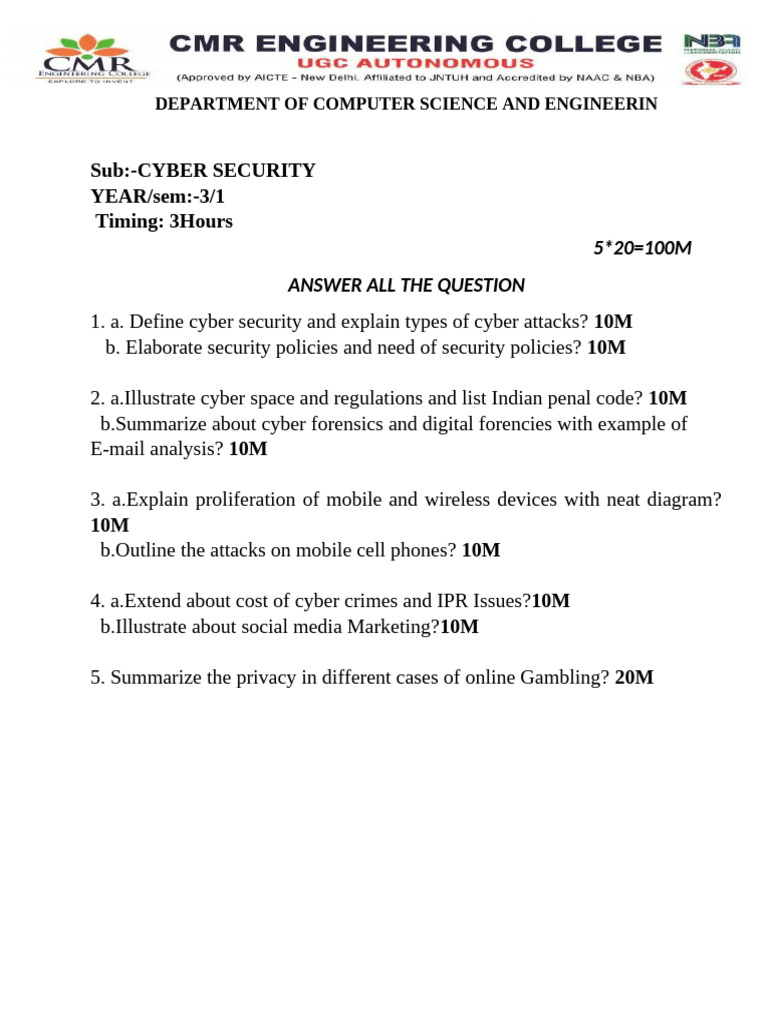 Cyber Security Question Paper 2023 | PDF