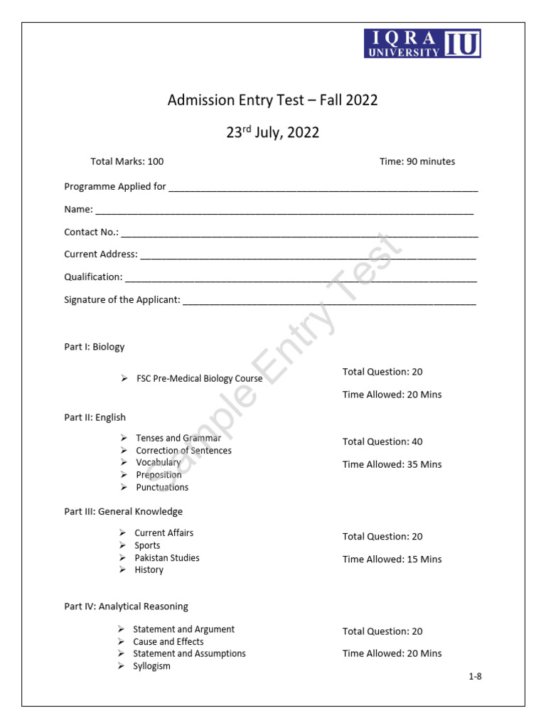 Sample Entry Test Pre Medical | PDF | Foreign Language Studies ...