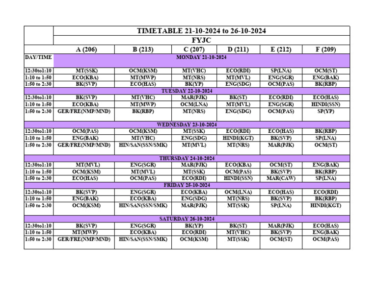 FYJC Timetable 21-26 Oct 2024 | PDF