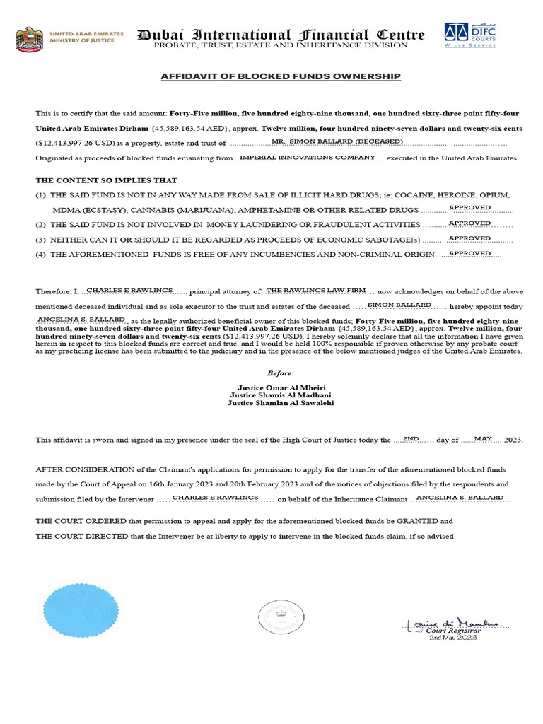 U.A.E. Affidavit of Blocked Funds Ownership | PDF | Justice | Crime & Violence