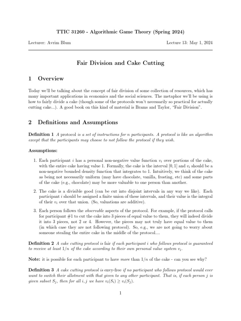 Lecture 13 - Fair Division1 | PDF | Mathematics | Applied Mathematics