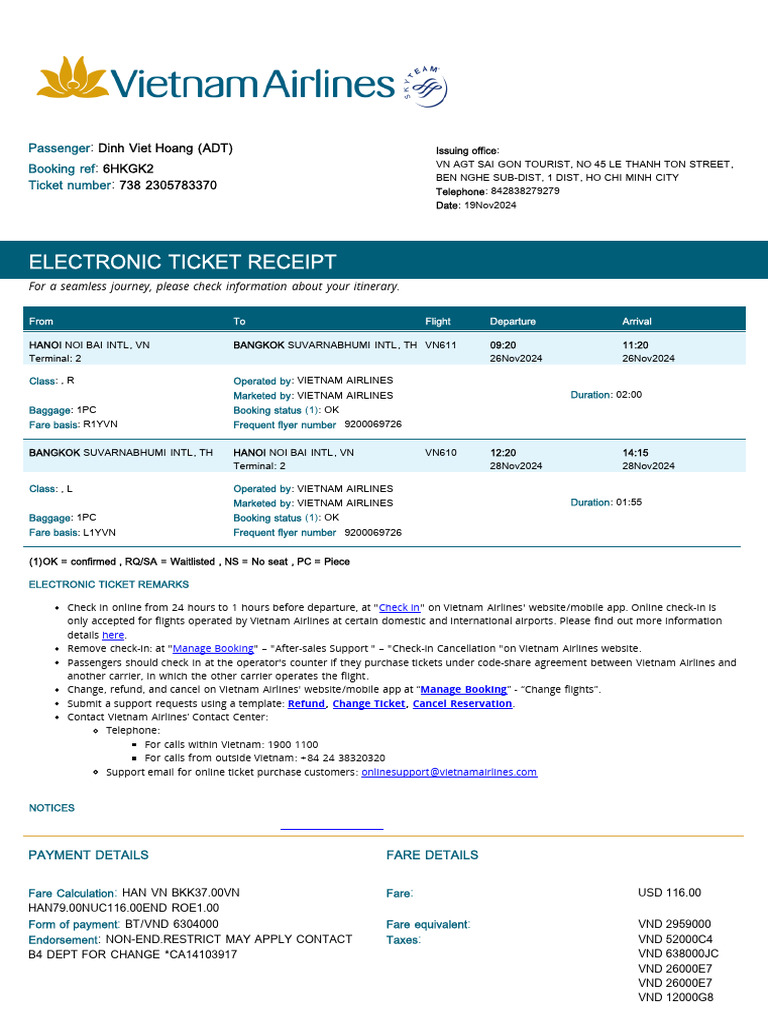 Electronic Ticket-EMD Receipt 26NOV For VIET HOANG DINH | PDF | Airlines Electronic Ticket-EMD Receipt 26NOV For VIET HOANG DINH | PDF | Airlines