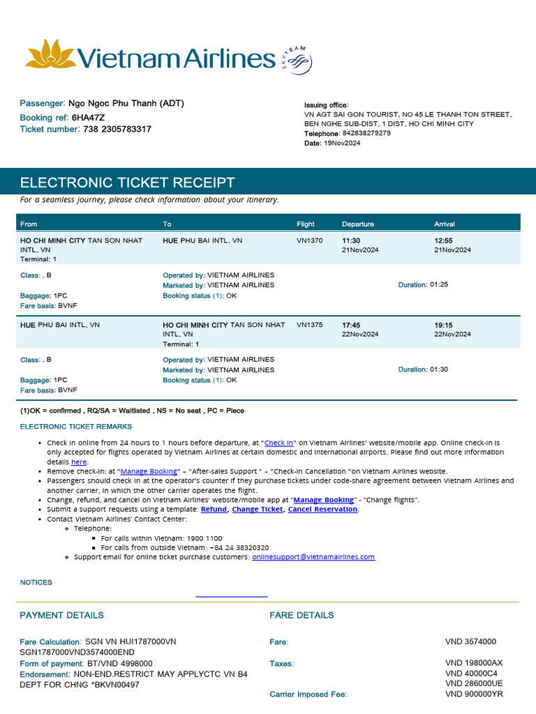 Electronic Ticket-EMD Receipt 21NOV For NGOC PHU THANH NGO | PDF | Airlines