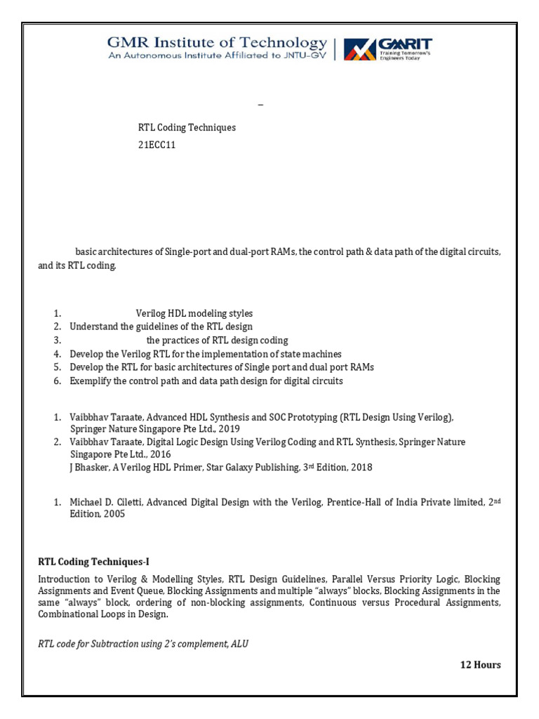 Hand Out of RTL - Coding - Techniques - 2023-24 | PDF | Hardware Description Language | Digital ...