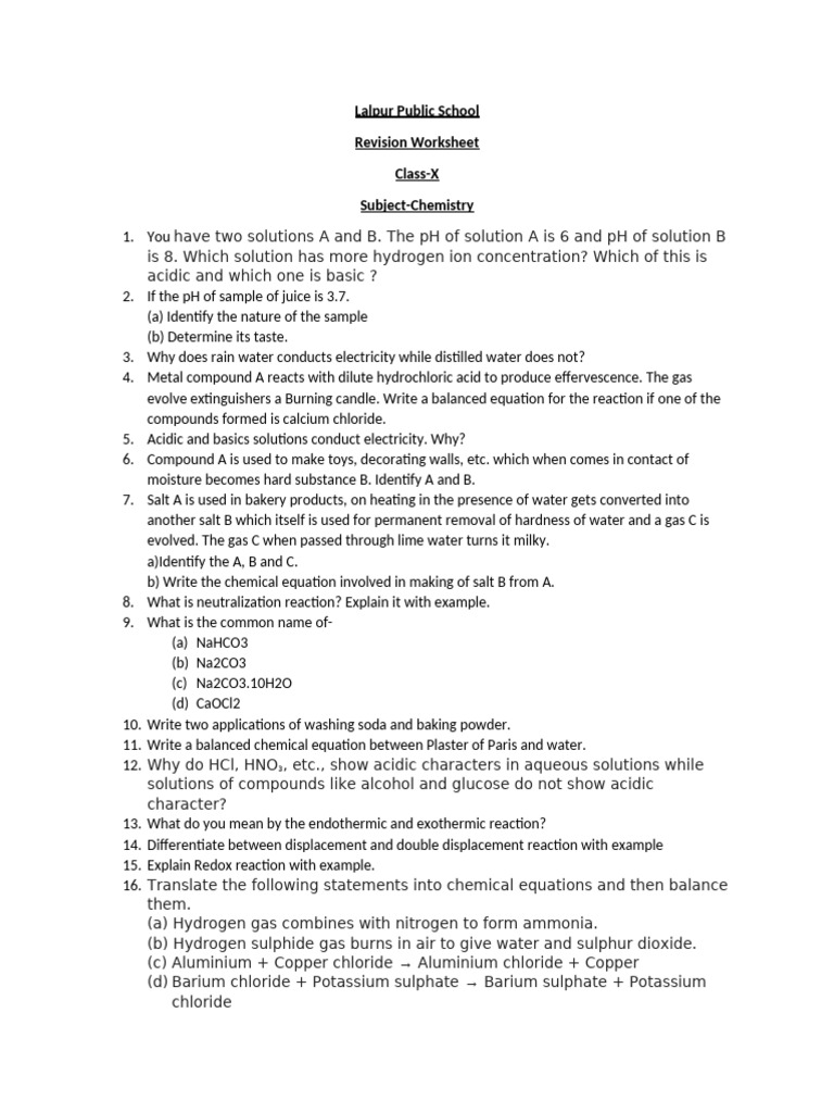 Chem Worksheet Class-10 | PDF | Chemical Reactions | Acid