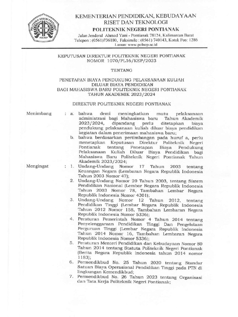 1070 - Penetapan Biaya Pendukung Pelaksanaan Kuliah Maba - 2023 | PDF