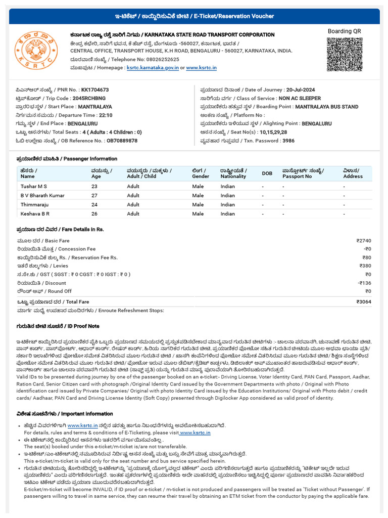 KSRTC - in Itinerary KK1704673 | PDF