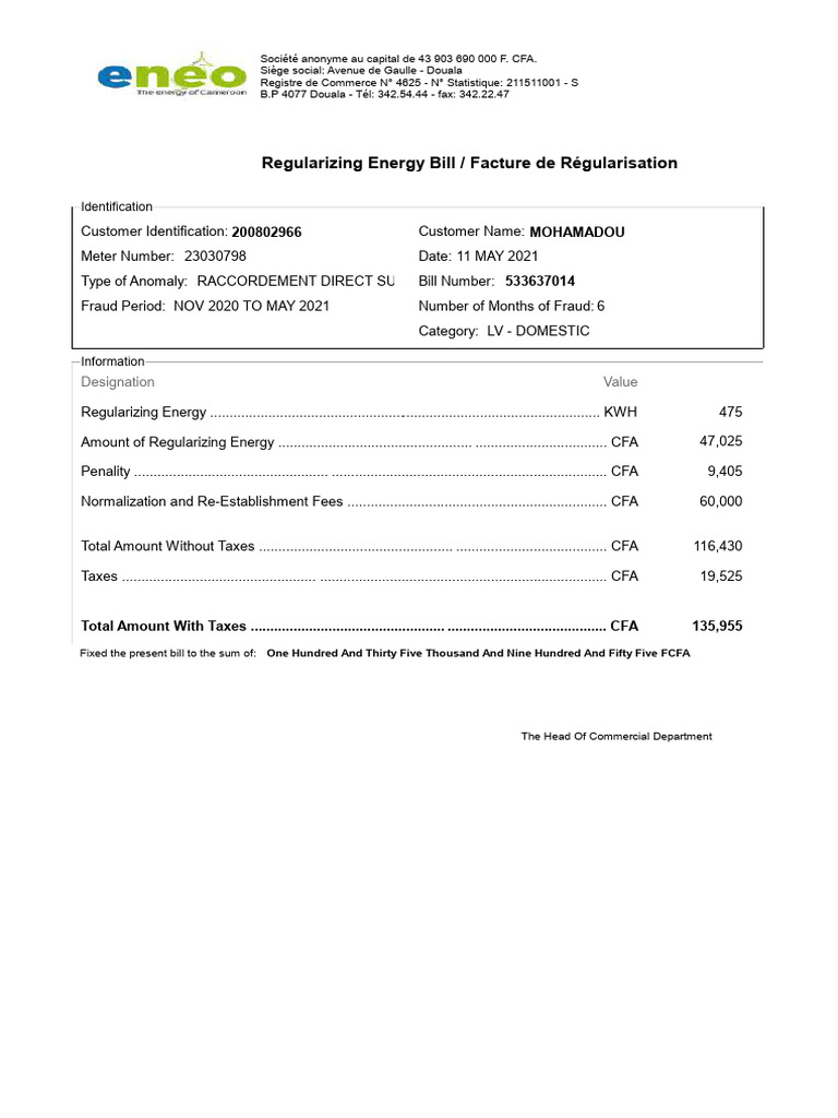 Regularizing Energy Bill / Facture de Régularisation: Mohamadou ...