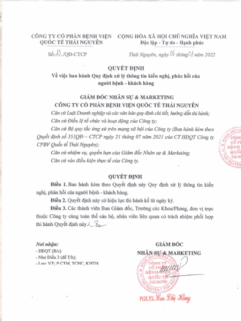 13 QĐ-CTCP v.v ban hành Quy định xử lý thông tin kiến nghị, phản hồi của người bệnh, khách hàng ...