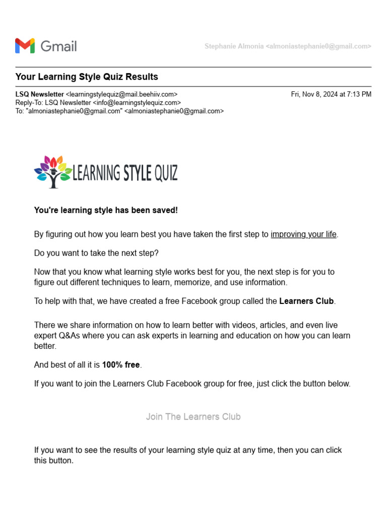 Your Learning Style Quiz Results | PDF