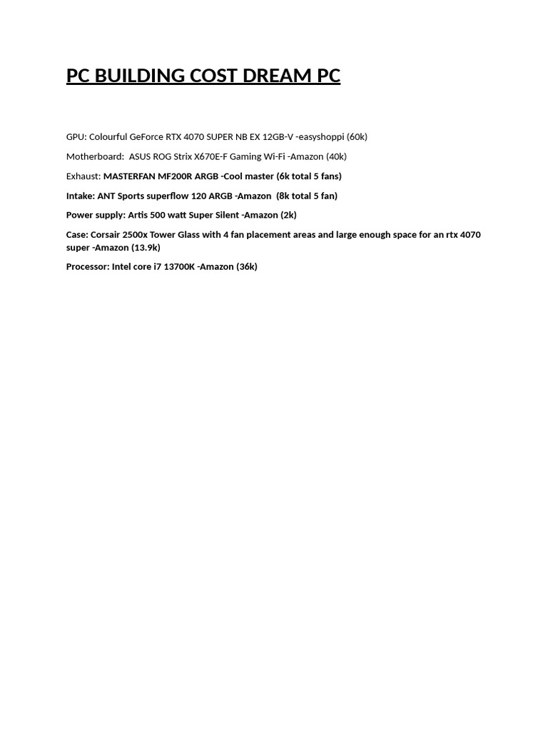 PC Building Cost Dream PC | PDF