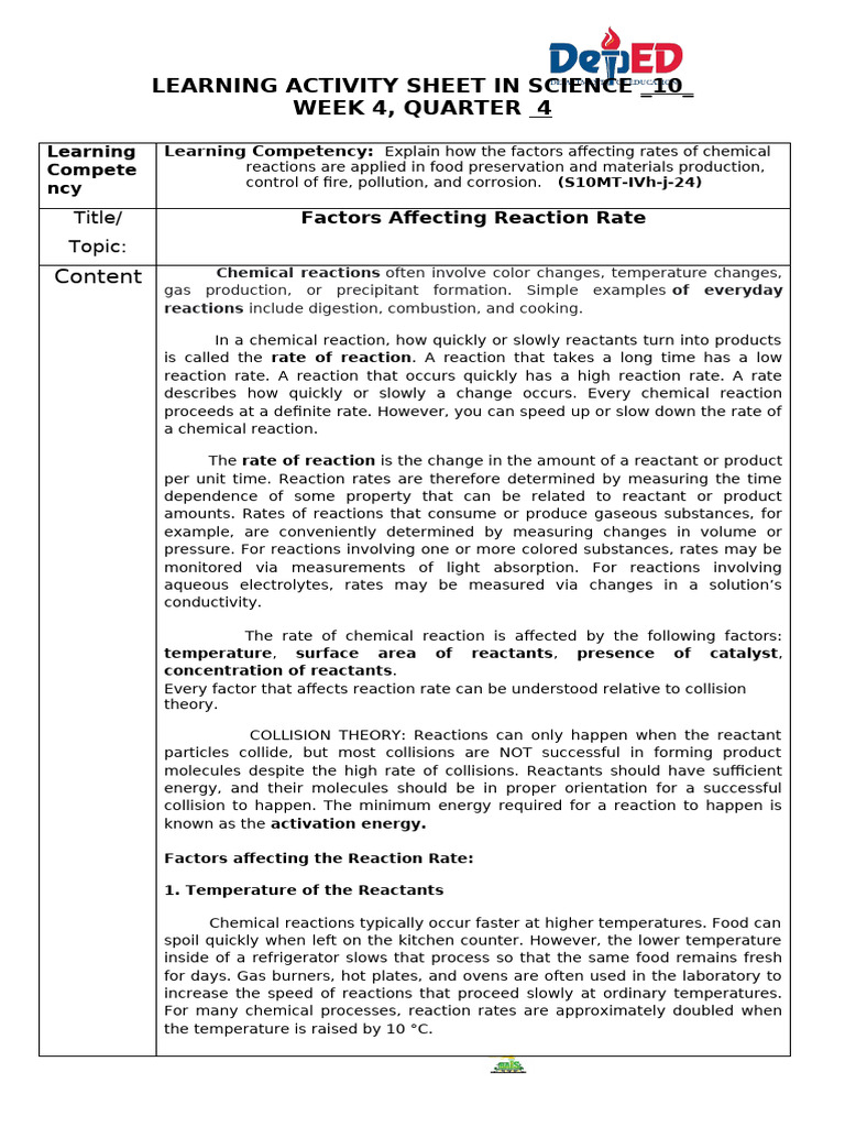 Grade 10 Science Las W4 Q4 PTC | PDF | Reaction Rate | Chemical Reactions
