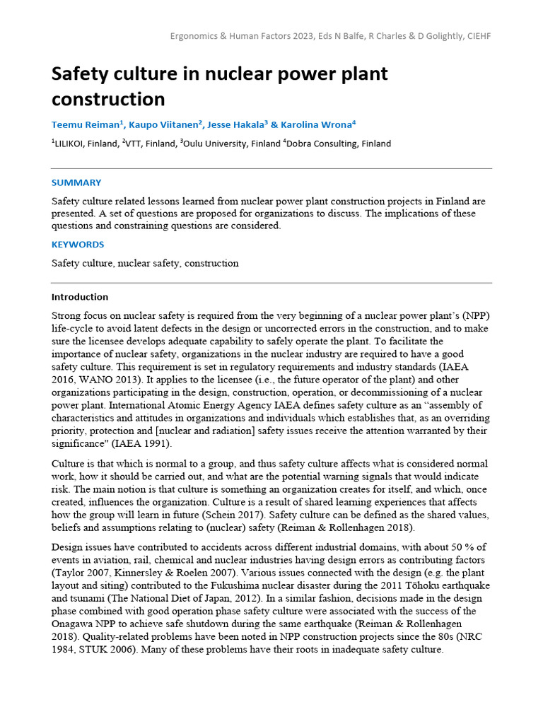 Safety Culture in Nuclear Power Plant Construction | PDF | Safety ...