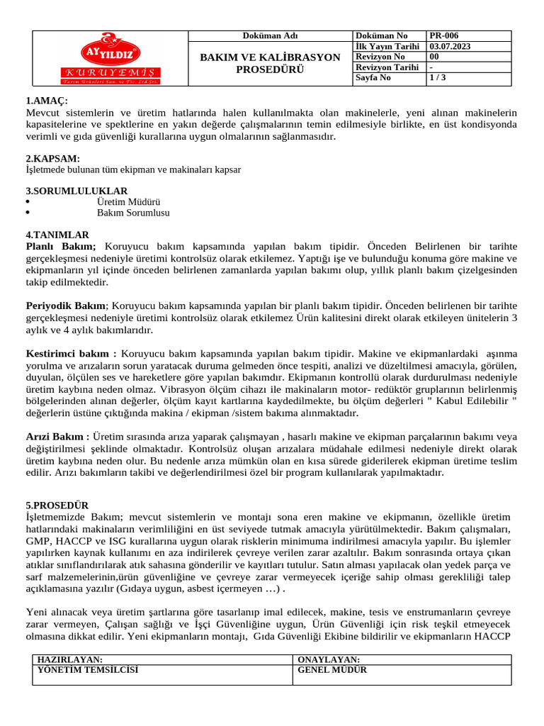 Pr-006 Bakim Ve Kali̇brasyon Prosedürü | PDF