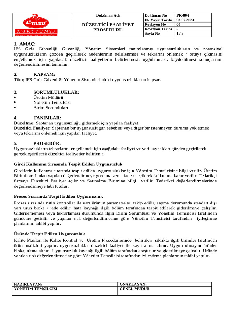 Pr-004 Düzelti̇ci̇ Faali̇yet Prosedürü | PDF