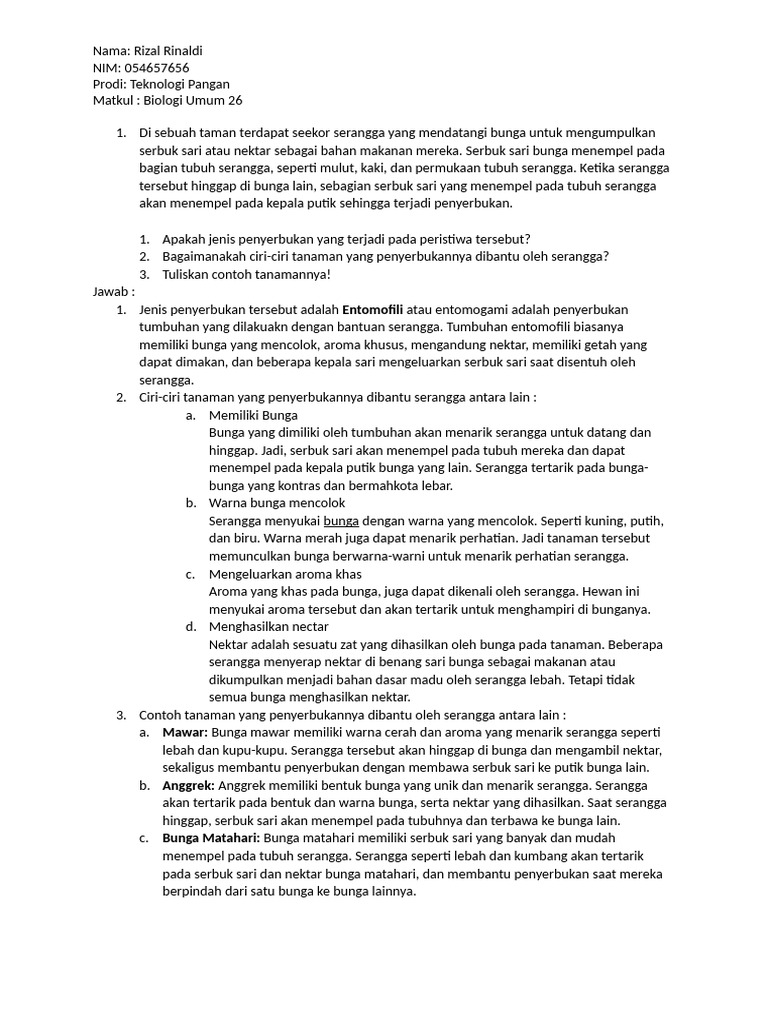 Rizal Rinaldi 054657656 - Tugas 2. Biologi Umum 26 | PDF | Sains & Matematika