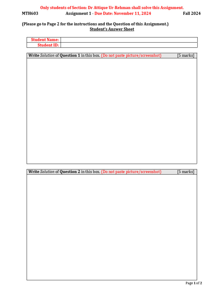 (Section Incharge - DR Attique Ur-Rehman) - MTH603 - Assignment 1 ...