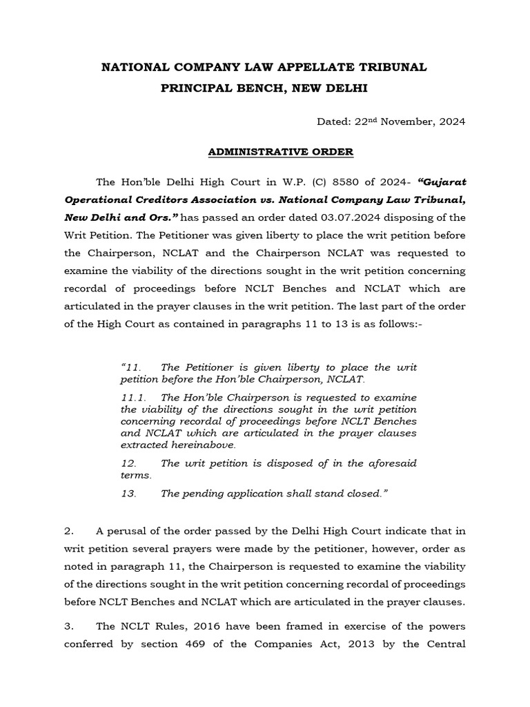 Administrative Order - 22.11.2024 - NCLAT | PDF | Tribunal | Certiorari