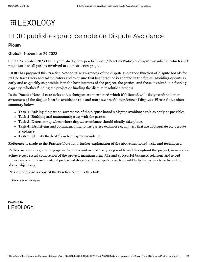 FIDIC Publishes Practice Note On Dispute Avoidance - Lexology | PDF | Business | Finance & Money ...