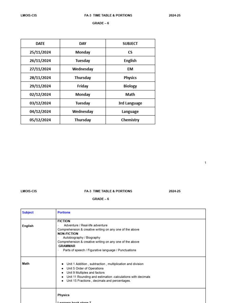 Grade 6 - FA-3 Timetable and Portions (2024 - 25) | PDF
