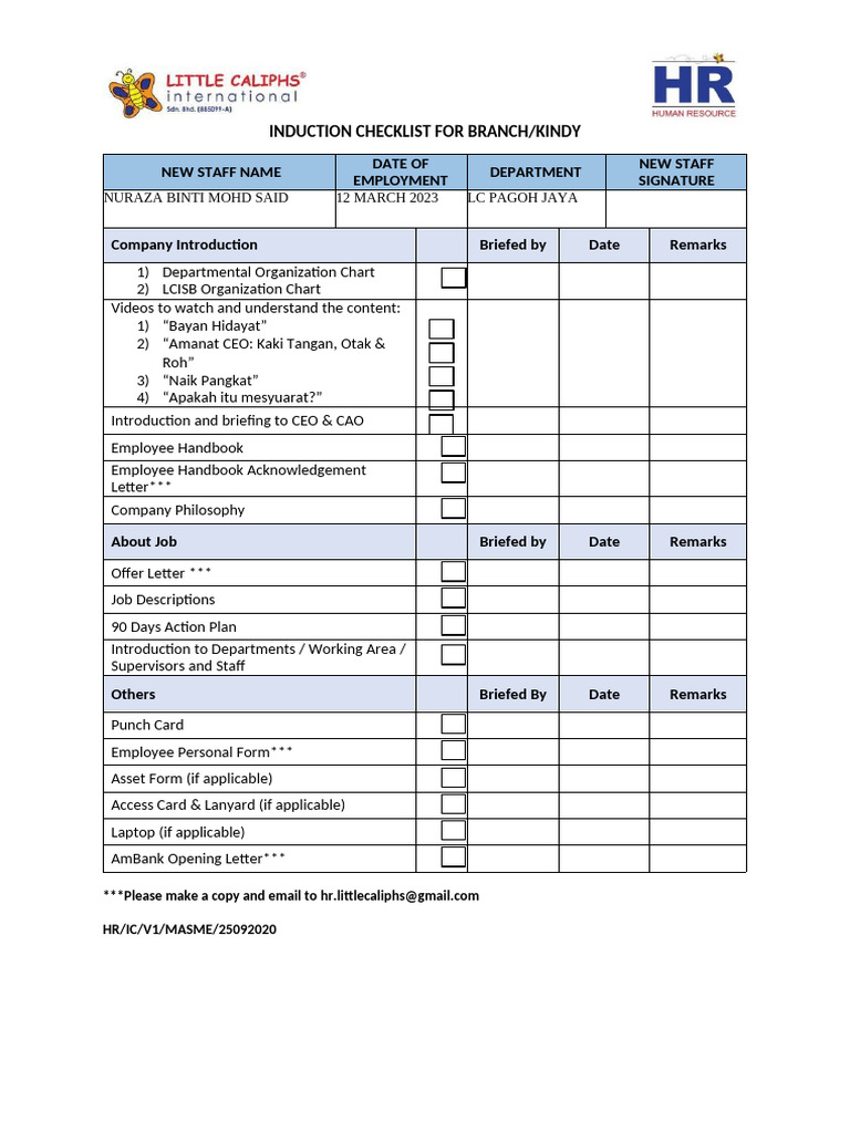 01 Induction Checklist For Branch and Kindy | PDF | Business