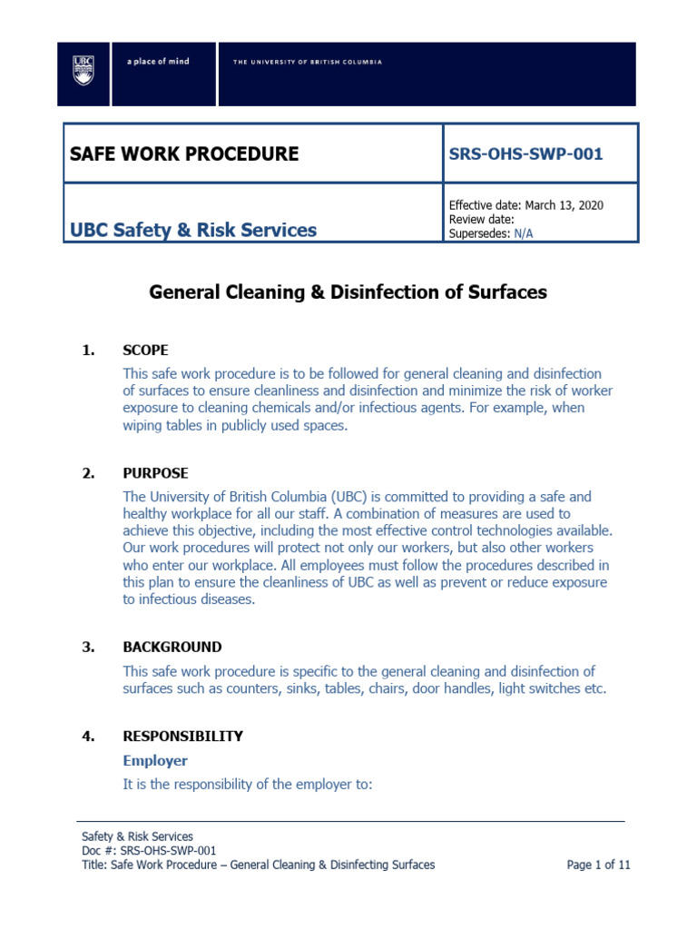 Ubc Safety Risk Services - General Cleaning Disinfection of Surfaces ...