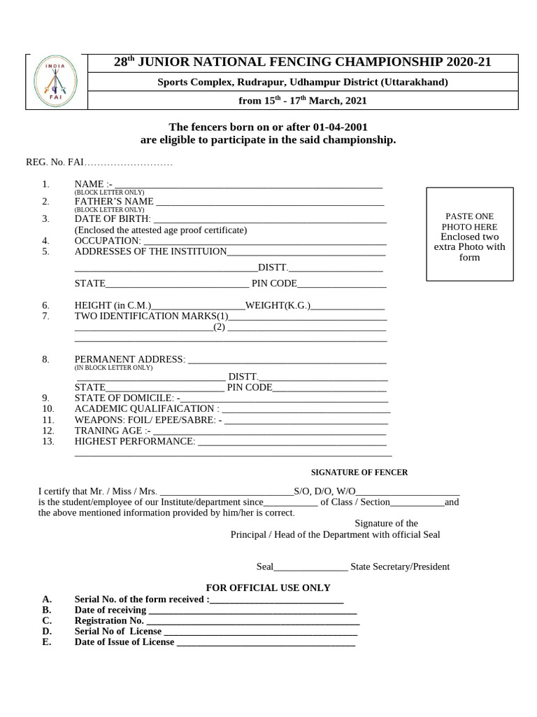 Eligibility Form Junior | PDF | Fencing | Indoor Sports