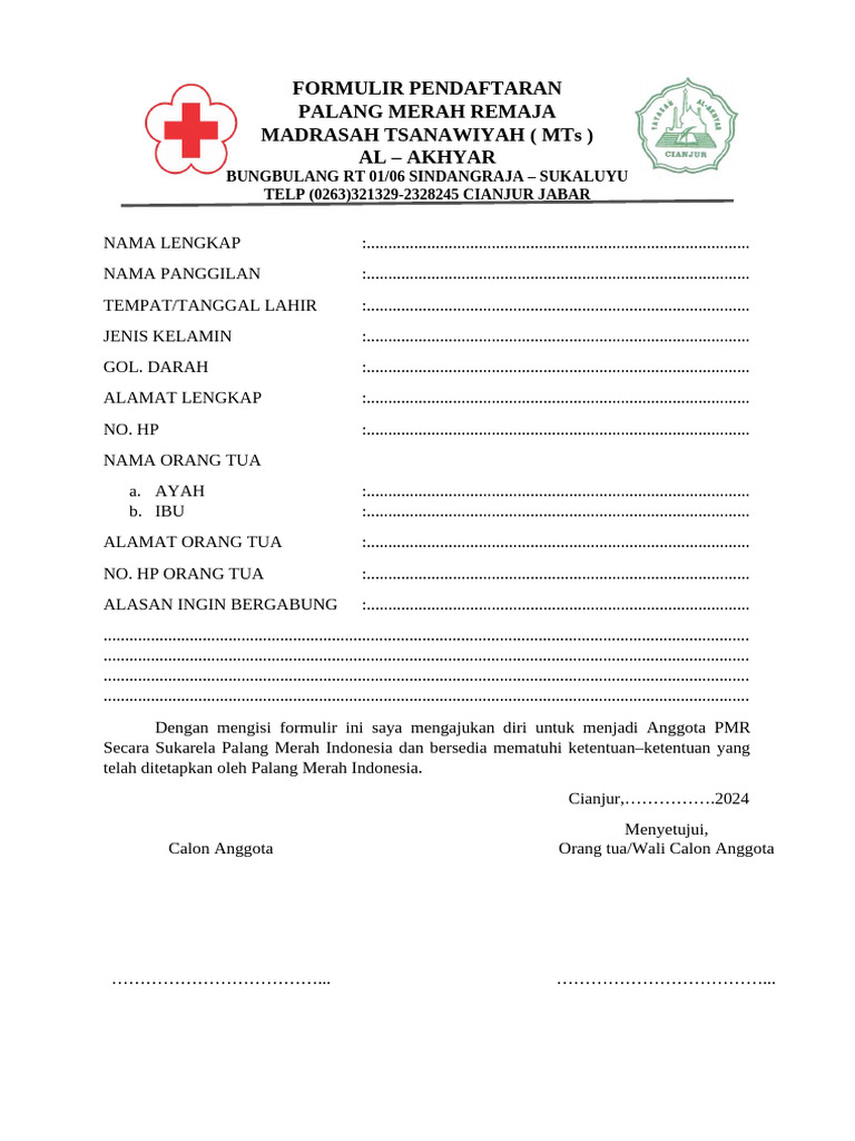 Formulir Pendaftaran PMR MTS | PDF