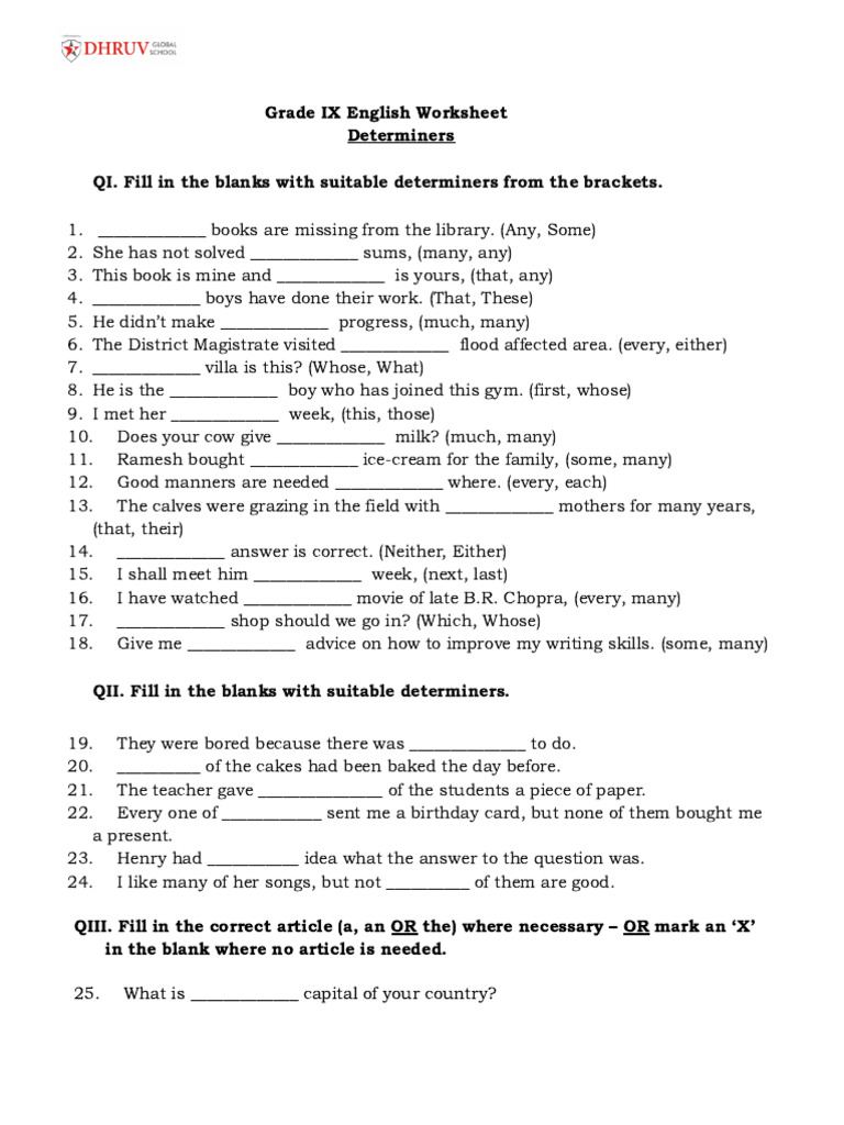 Grade 9 English Worksheet Determiners | PDF