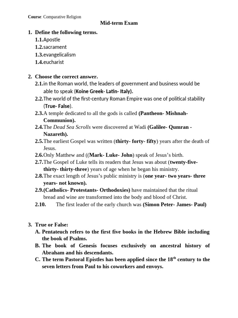 Mid-Term Exam - Comparative Religion | PDF