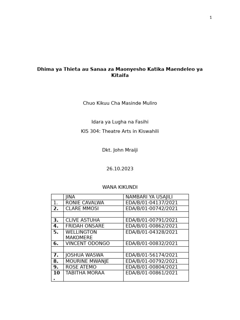 Dhima Ya Thieta Au Sanaa Za Maonyesho Katika Maendeleo Ya Kitaifa | PDF