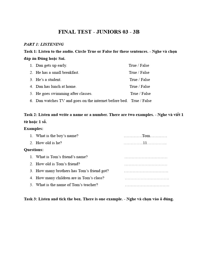 FINAL TEST - JUNIORS 03 - 3B - Google Tài Liệu | PDF | Language Arts ...