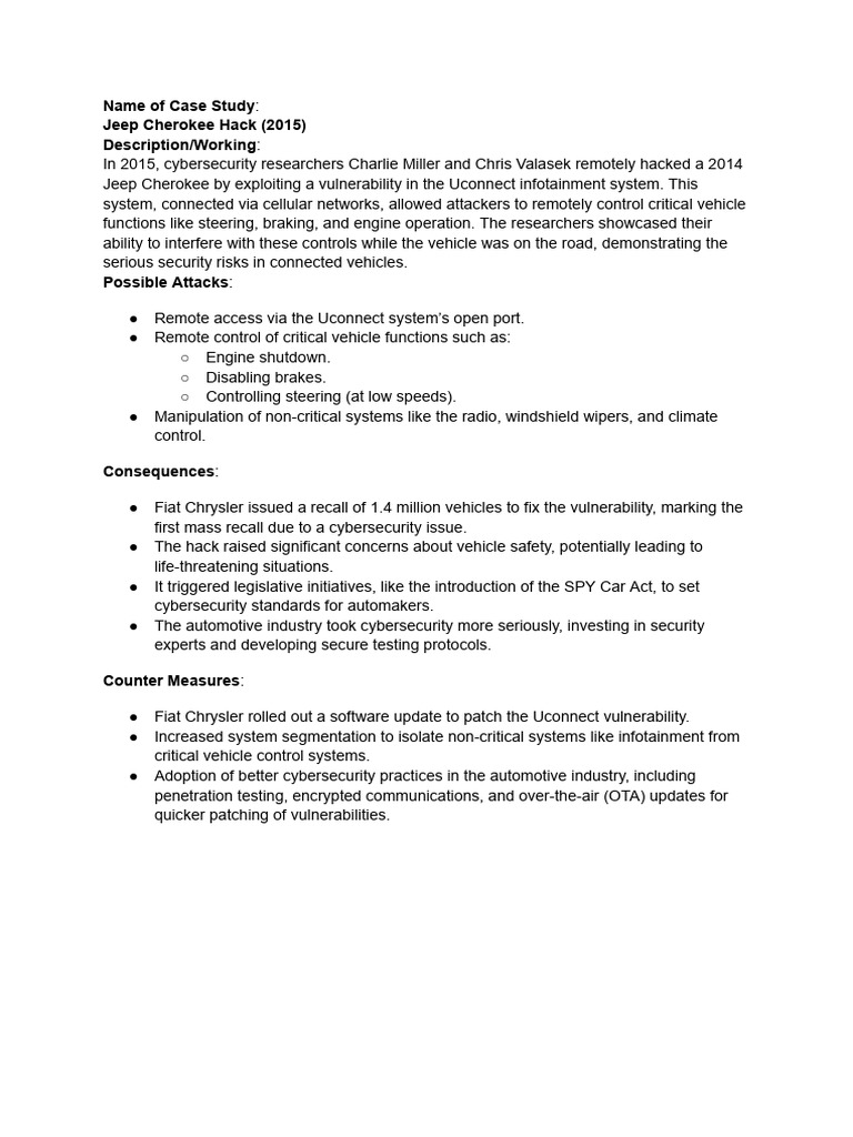 Jeep Cherokee Hack: 2015 Cybersecurity Case Study | PDF