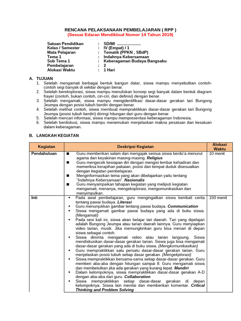 (Sesuai Edaran Mendikbud Nomor 14 Tahun 2019) : Rencana Pelaksanaan ...
