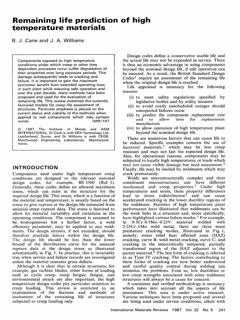 Remaining Life Prediction of High Temperature Materials | PDF | Creep ...