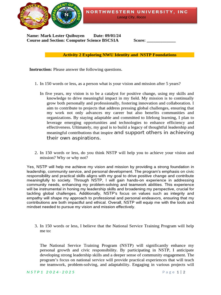 Activity 2 Exploring Nwu Identity and NSTP Foundations | PDF | Leadership | Cognition